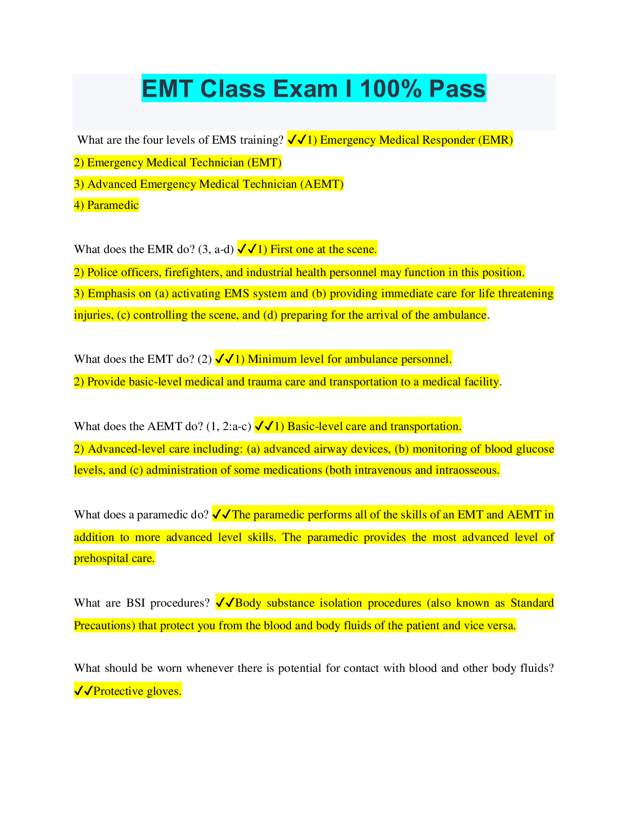 EMT Class Exam I 100% Pass - Scholarfriends